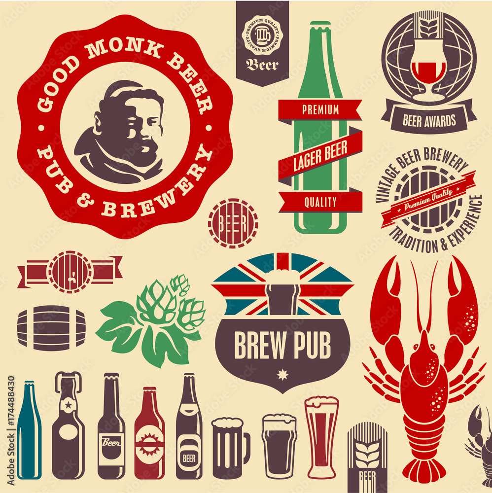 Beer pub labels, badges and icons collection. Monk beer label. Stock ...