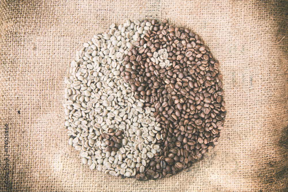 coffee beans background group of green and roasted arabica coffee beans ...