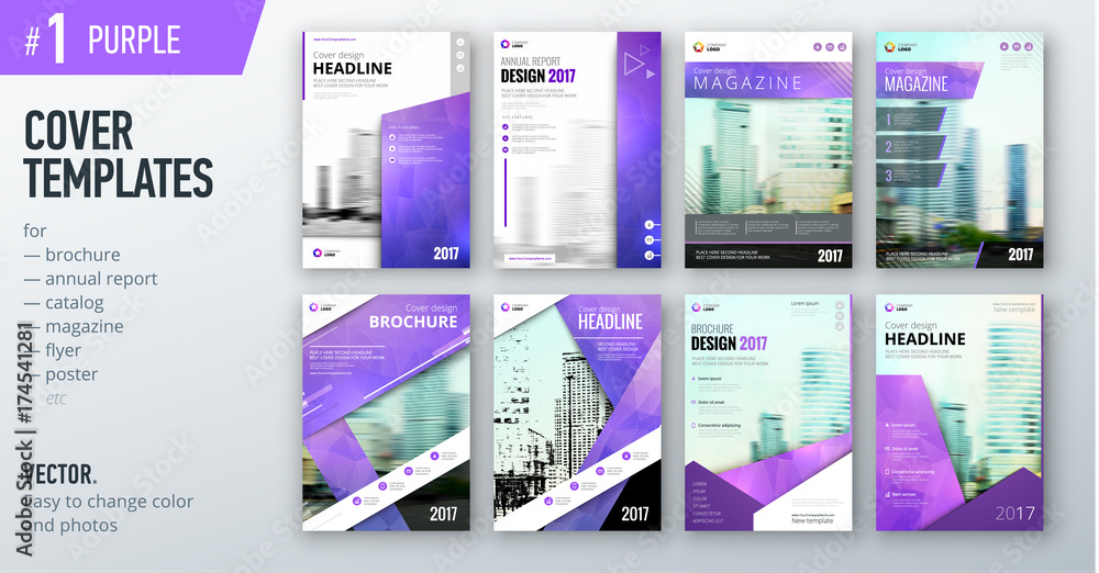 Set of business cover design template in purple color for brochure ...