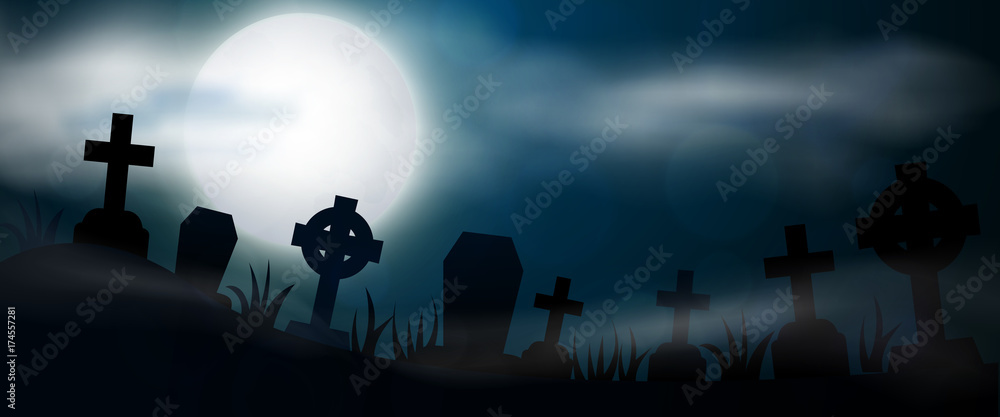 Night cemetery, crosses, tombstones and graves, horizontal banner ...