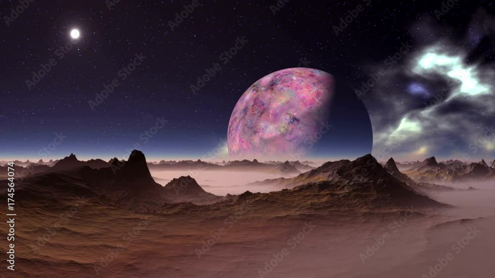 Alien Landscape. A large multi-colored planet slowly rotates over a ...
