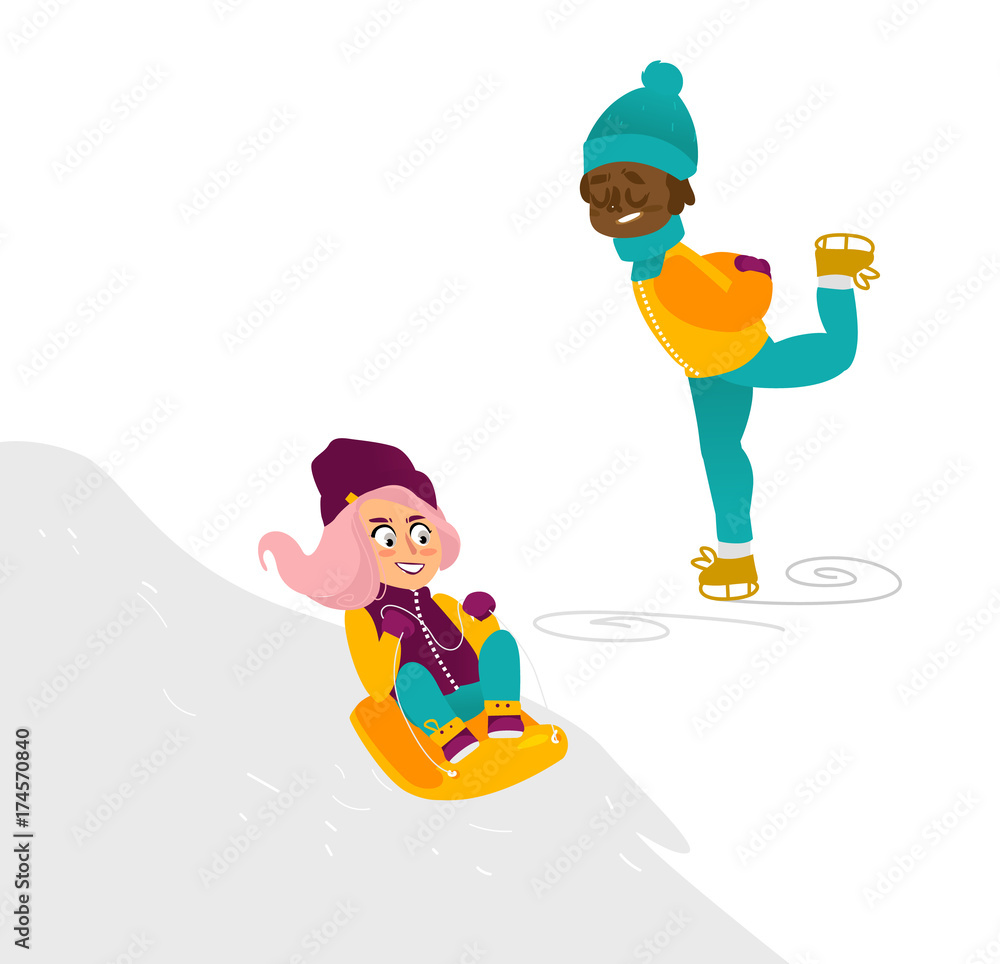vector girl having fun enjoying sleigh ride, boy riding ice skates set ...