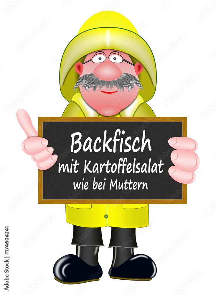 Backfisch mit Kartoffelsalat, Fischer mit Schild, freigestellt, weißer ...