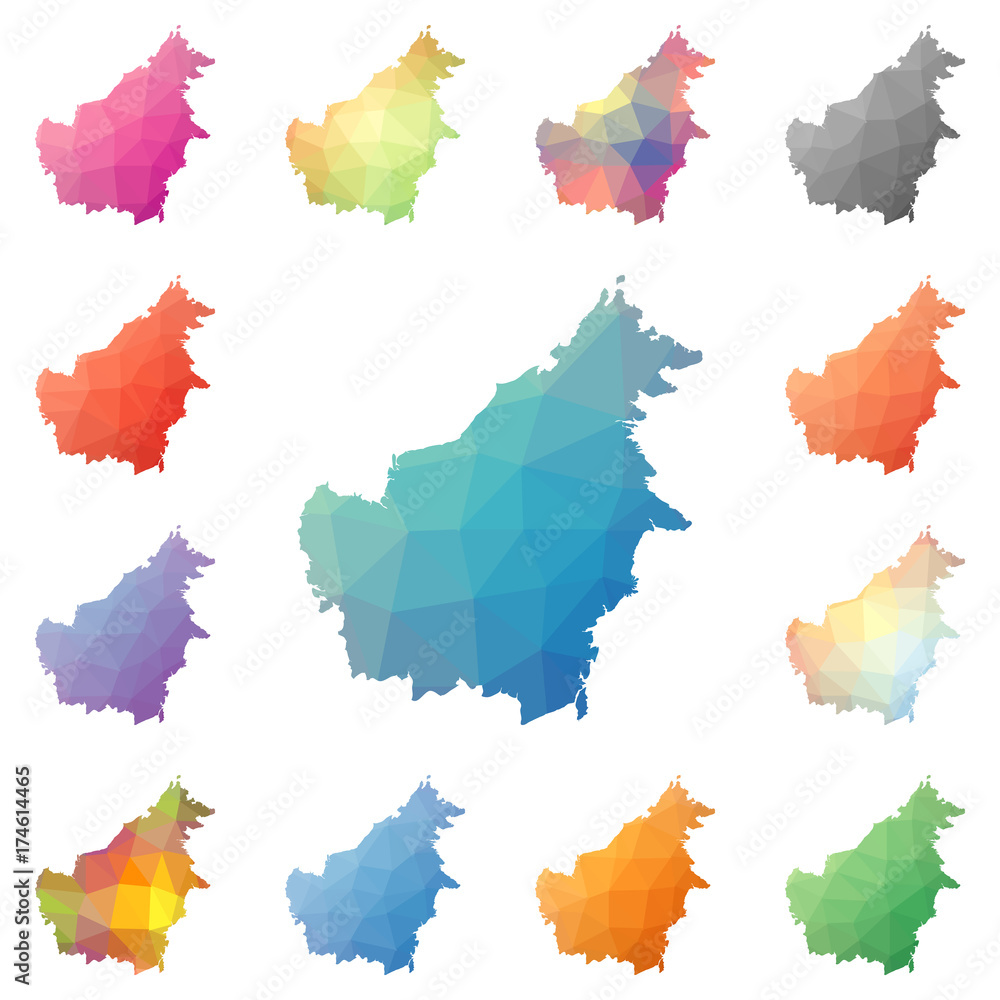 Borneo geometric polygonal, mosaic style island maps collection. Bright ...