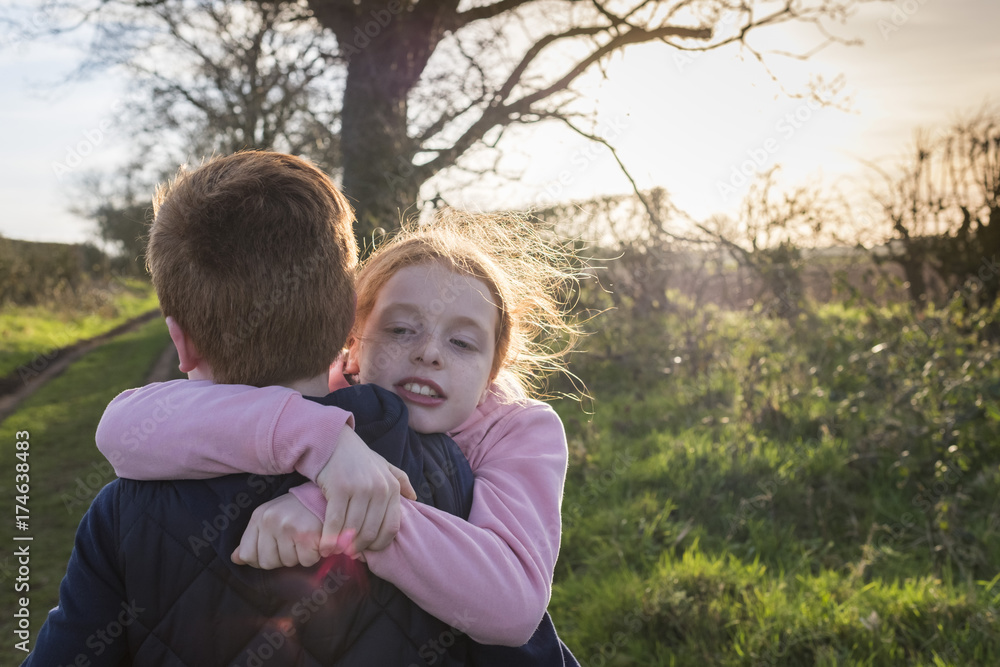 Brother and sister greeting each other with a hug. Stock Photo | Adobe ...