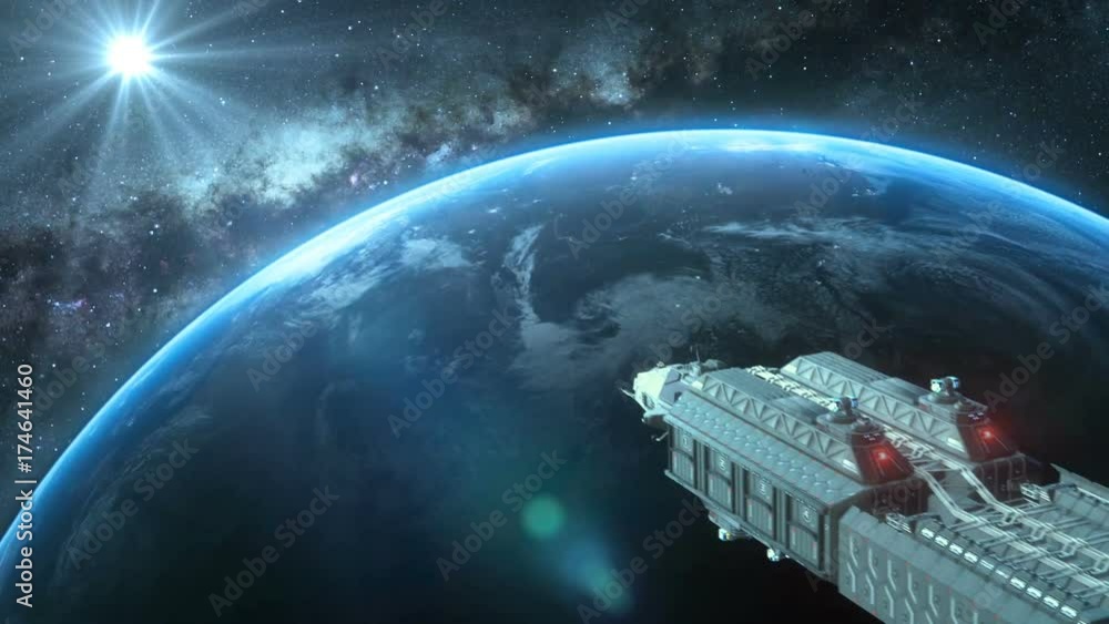 Stockvideo Spaceship orbiting a planet in space with a bright star in ...