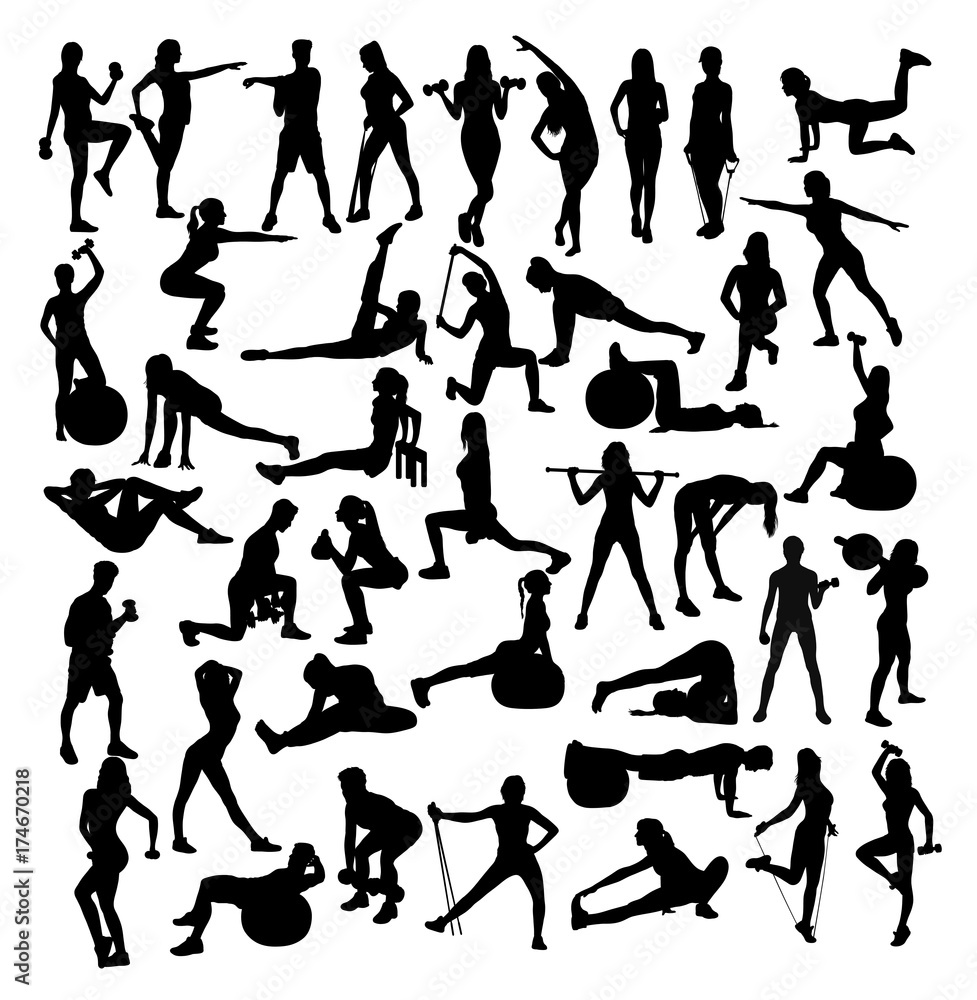 Woman Sport, fitness and Gym Activity Silhouettes, art vector design ...