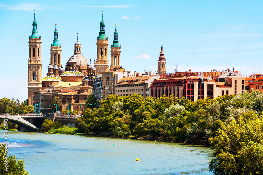 Aerial view of Saragossa, Spain with Basilica of Our Lady of the Pillar ...