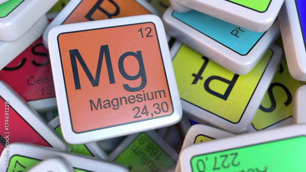 Magnesium block on the pile of periodic table of the chemical elements ...