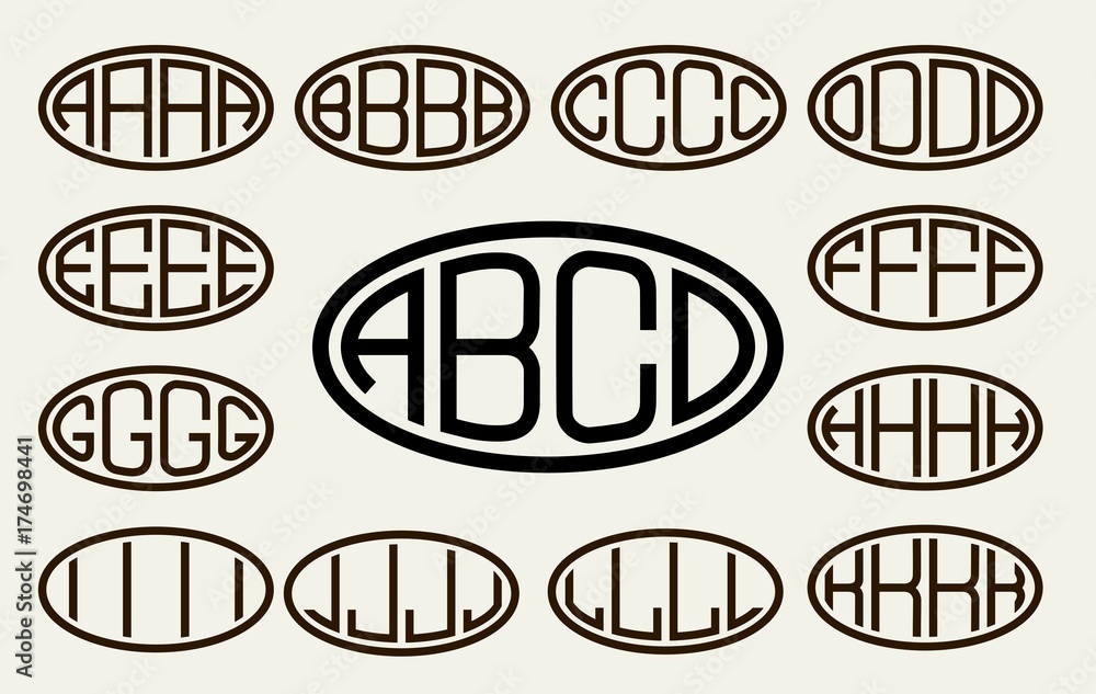 Set 1 of templates from of four capital letters inscribed in a oval ...