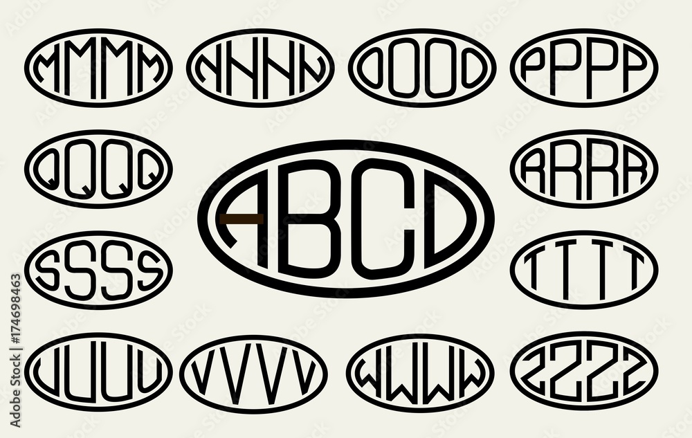 Set 2 of templates from of four capital letters inscribed in a oval ...