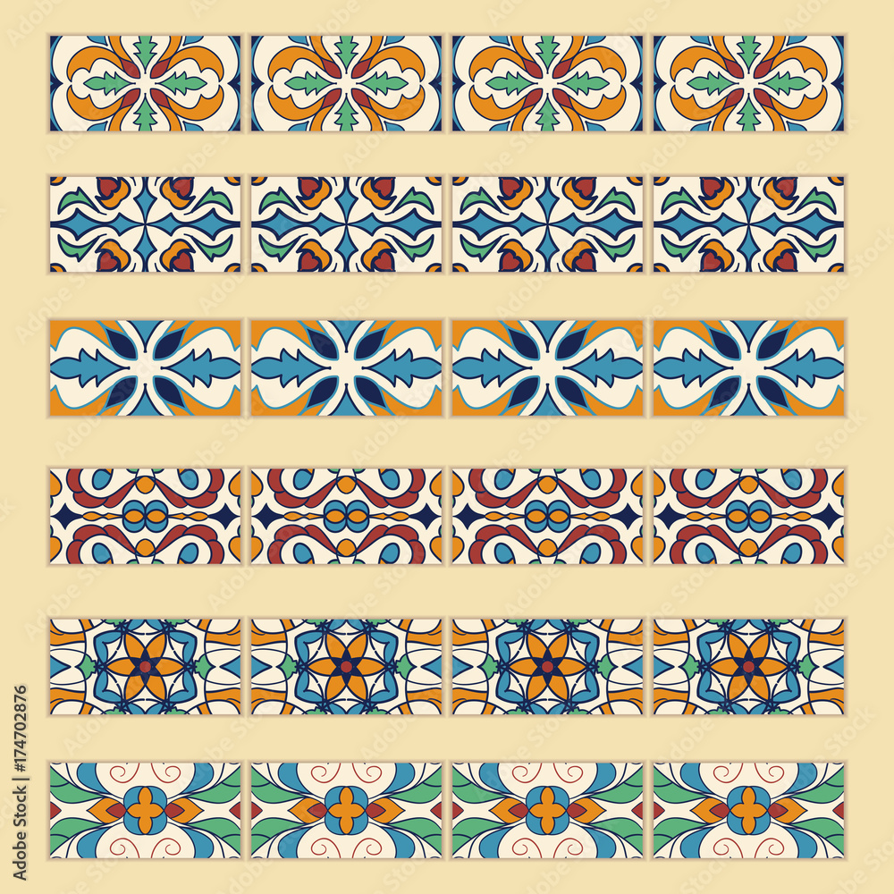 Vector set of decorative tile borders. Collection of colored patterns ...