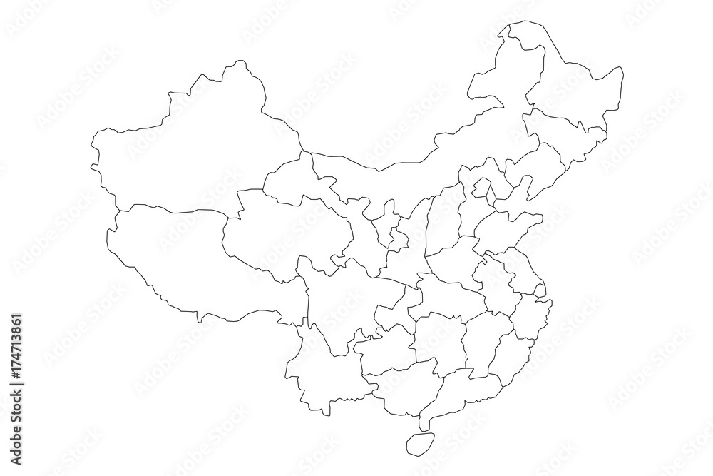 Regional map of administrative provinces of China. Thin black outline ...
