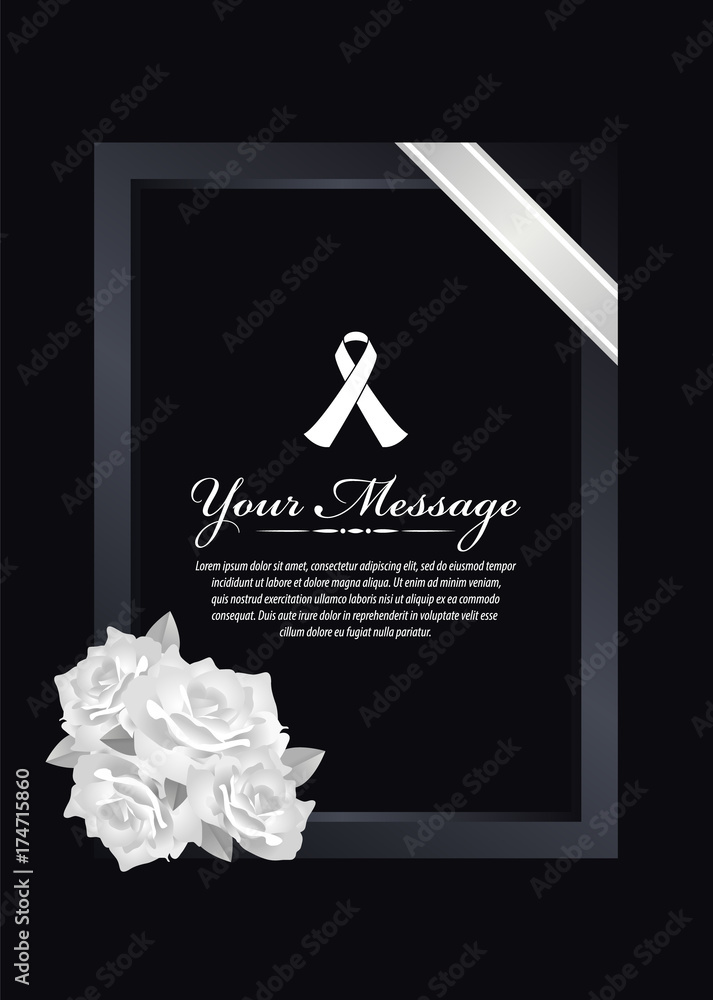 Funeral card - White ribbon sign and text banner in dark frame with ...