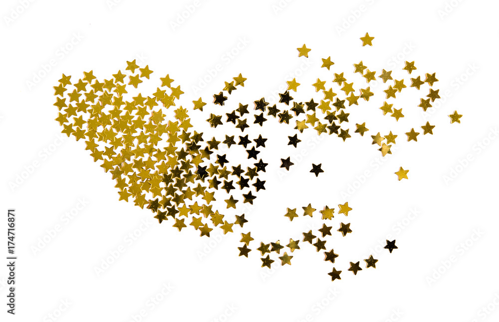 Pile of gold star decoration isolated on white background on top view ...