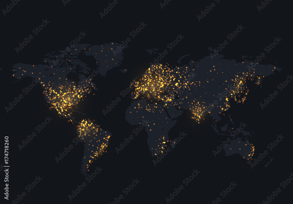 Night map of the world shine country and city. Stock Vector | Adobe Stock