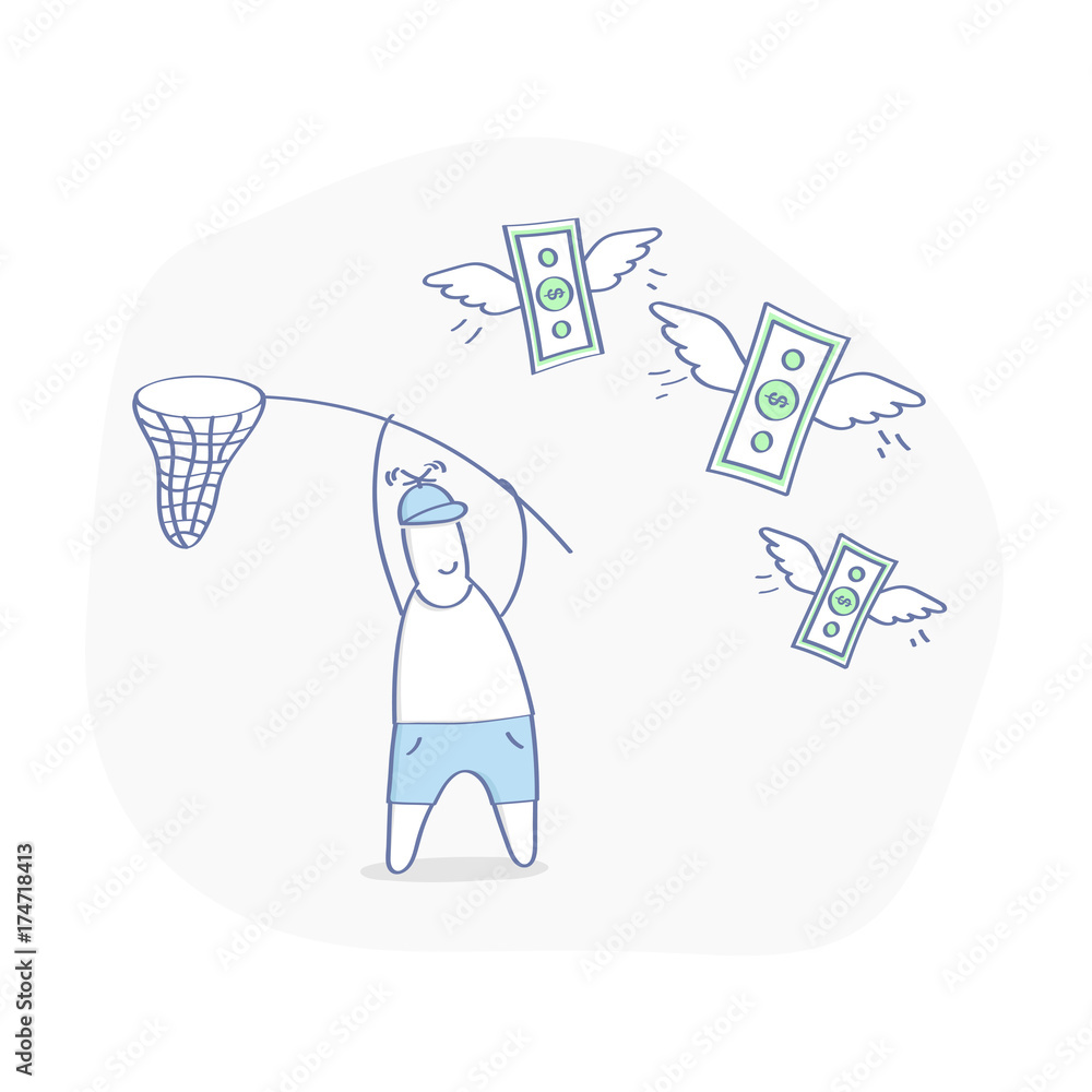 Happy businessman trying to catch money with a butterfly net. Business ...