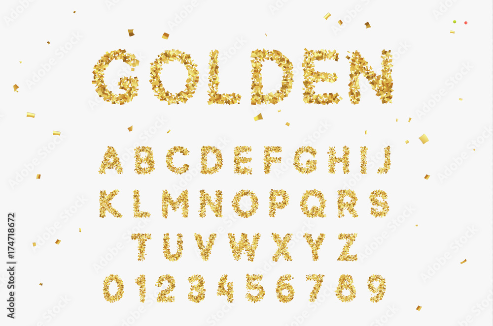 Gold Font set with letters from multi-colored paper confetti. Stock ...