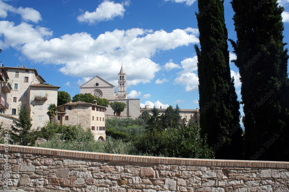 Assisi landscape with Basilica di Santa Chiara (Church of saint Clara ...