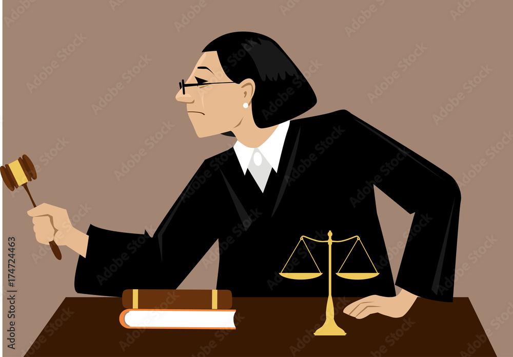 Female judge with a gavel presides over court proceeding, EPS 8 vector ...