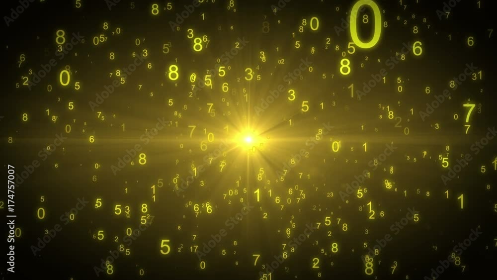 Flying through Golden Numbers on a black background. History background ...