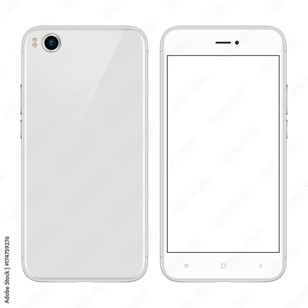 silver smartphone high detail, with a blank white screen and a rear ...
