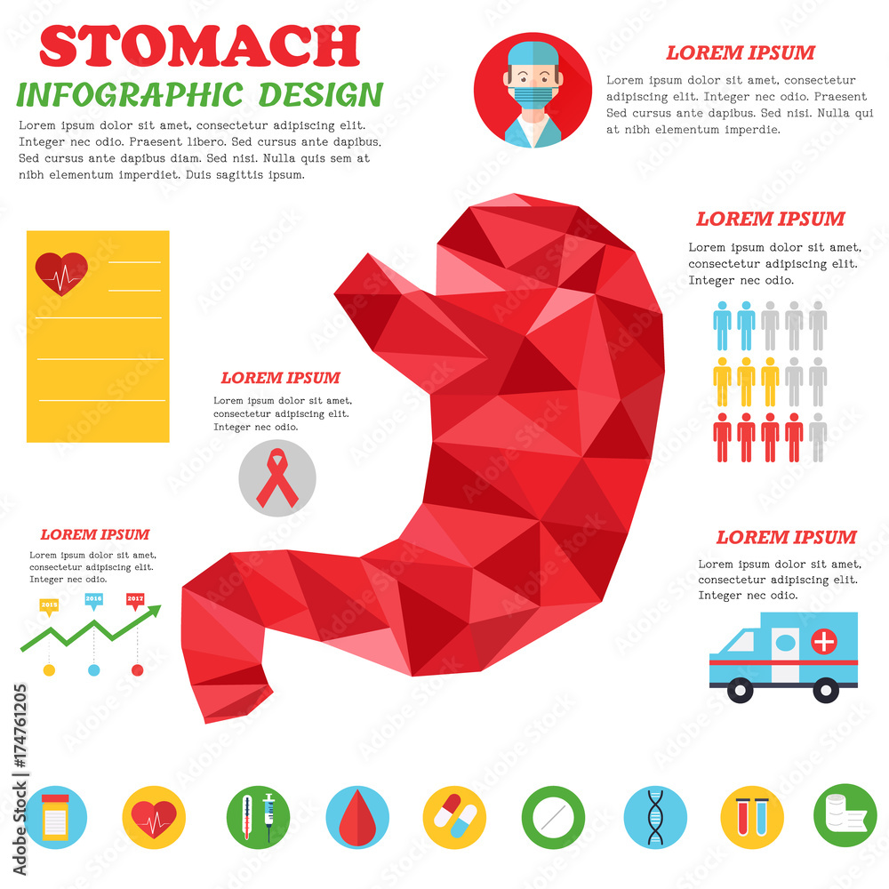 Infographic poster with stomach illustration and medical icons. Stock ...