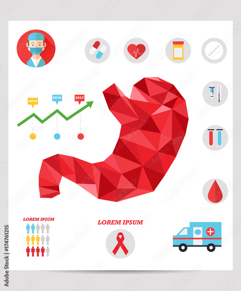 Infographic poster with stomach illustration and medical icons. Stock ...