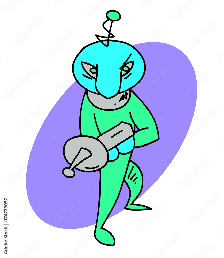 Alien invader cartoon hand drawn image. Original colorful artwork ...
