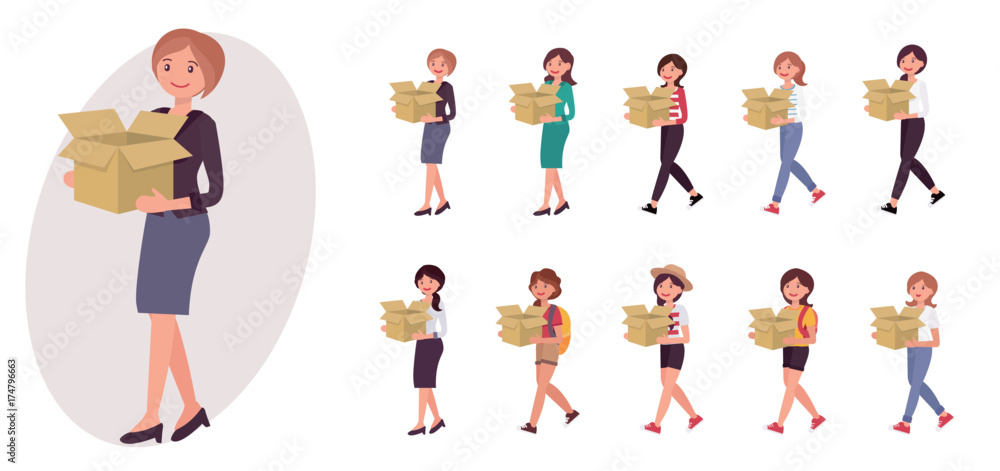Cartoon character design female office lady carrying empty paper box ...