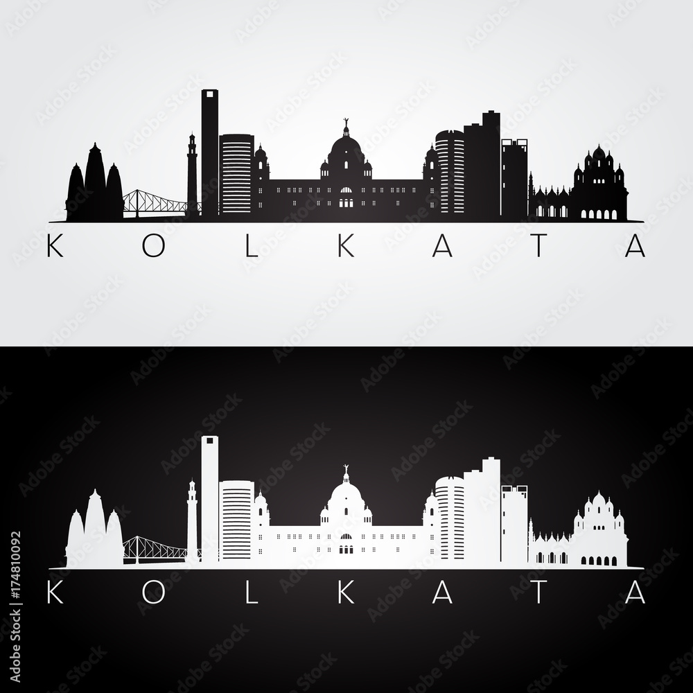 Kolkata skyline and landmarks silhouette, black and white design ...