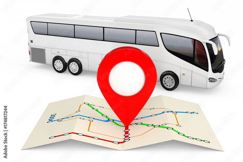 Bus Stations Map with Red Point Pin in front of Big White Coach Tour ...