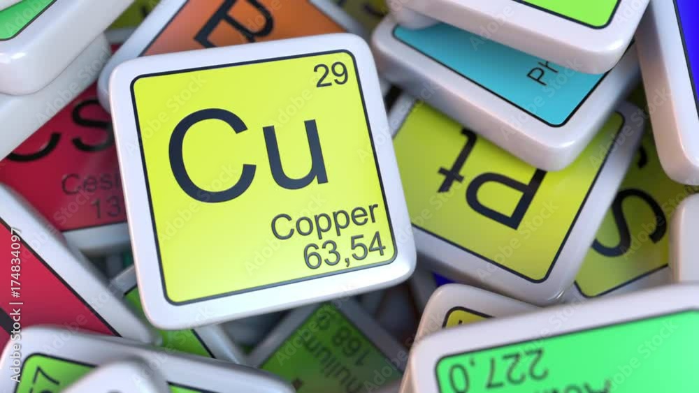 Copper Cu block on the pile of periodic table of the chemical elements ...