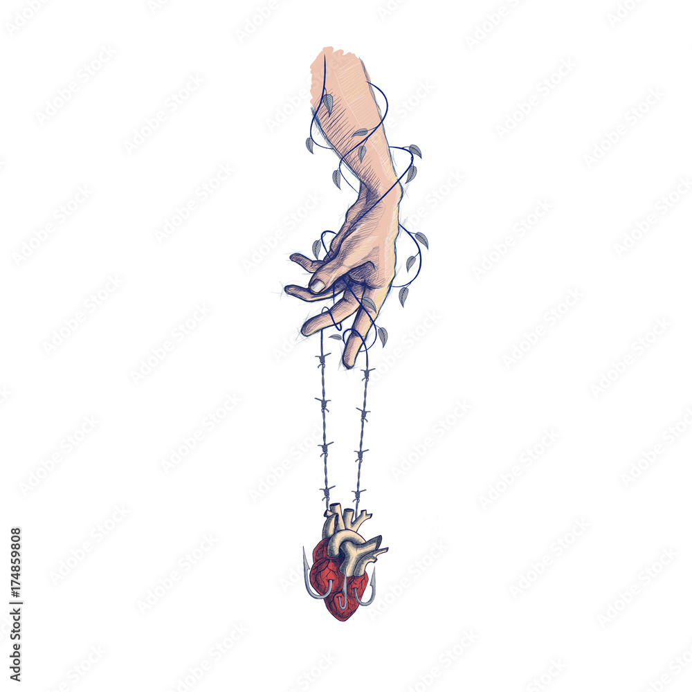 Hand brace heart. with Vines hold in arm. illustration drawing. tattoo ...