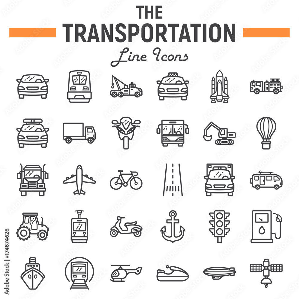 Transportation line icon set, transport symbols collection, vehicle ...
