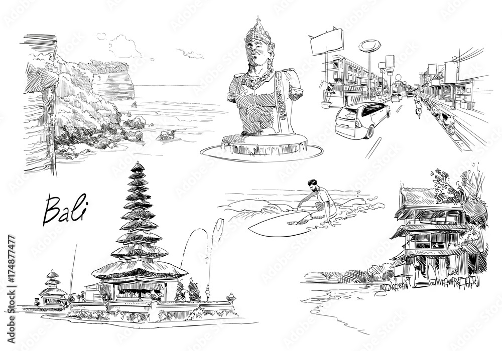 Hand drawn Bali landmarks set. Sketch vector illustration. Stock Vector ...