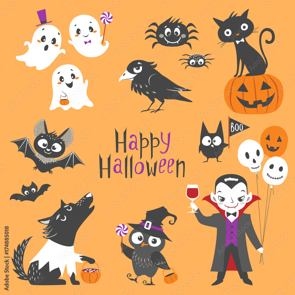 Set of cute Halloween characters. Pumpkin, ghosts, bats, black cat ...