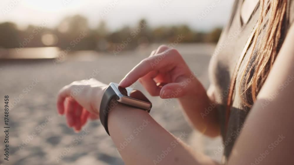 Smartwatch Close Up. SLOW MOTION. Young unrecognizable Woman Using ...