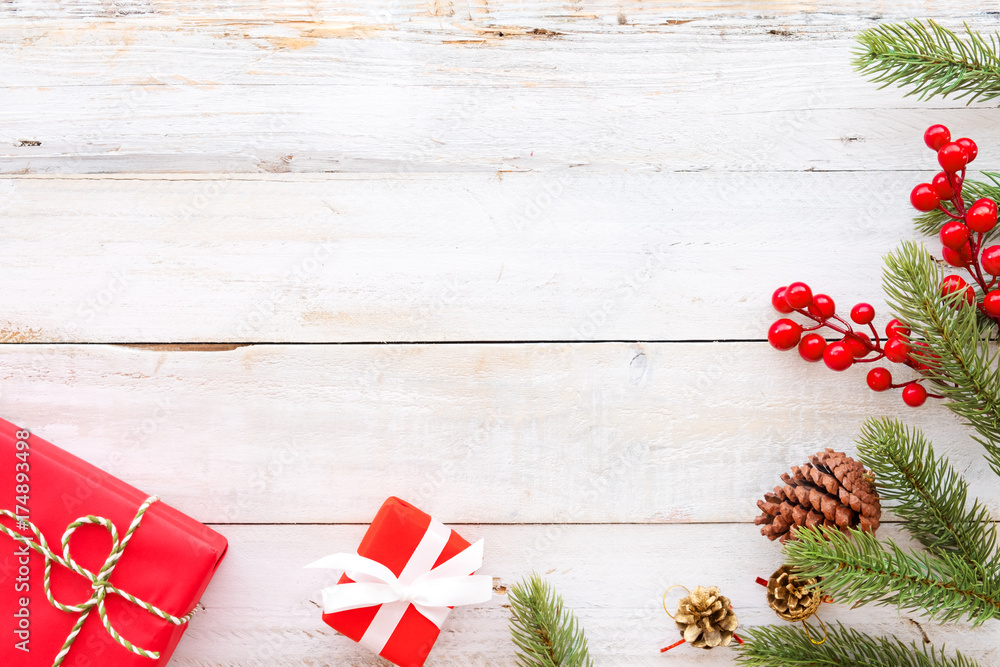 Christmas background - Christmas present red gifts box and decorating ...