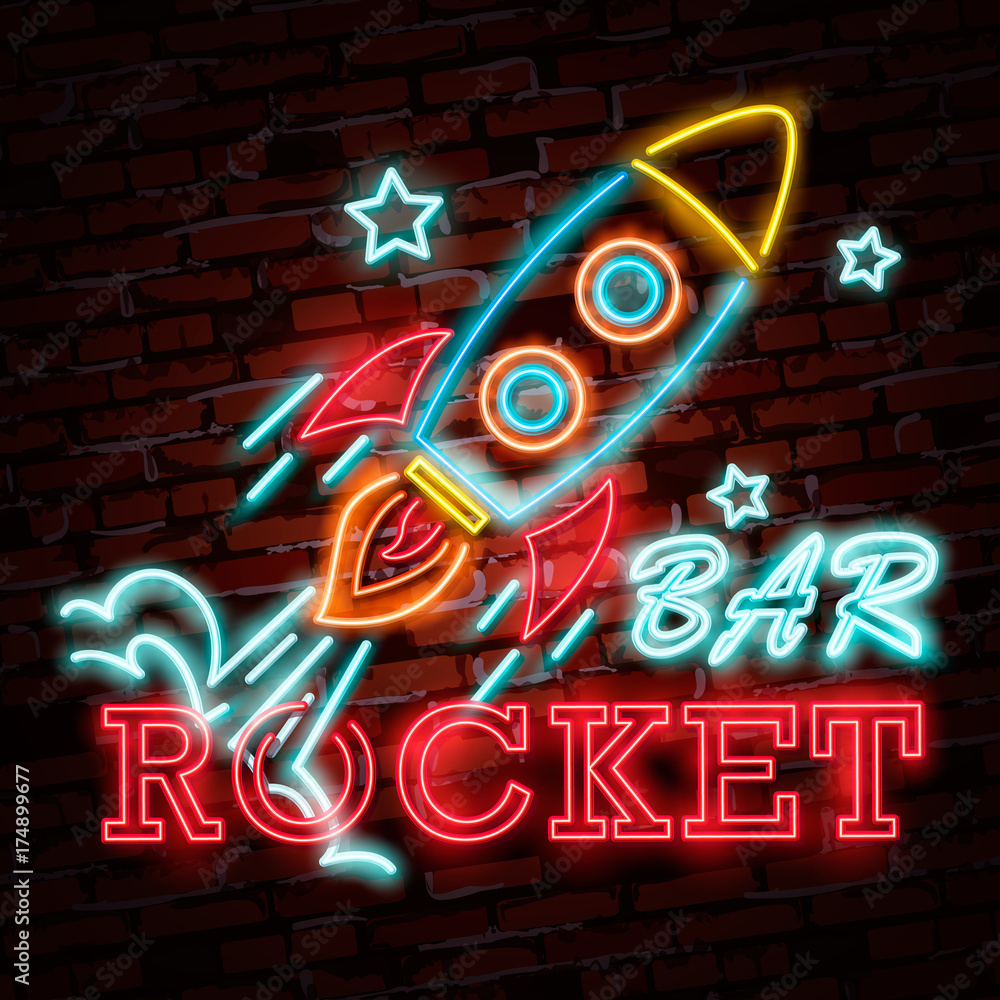 Rocket neon sign, bright signboard, light banner. Space logo, emblem ...