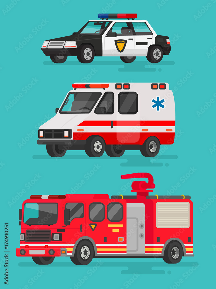 Set of emergency vehicles. Police car, ambulance and fire truck Stock ...