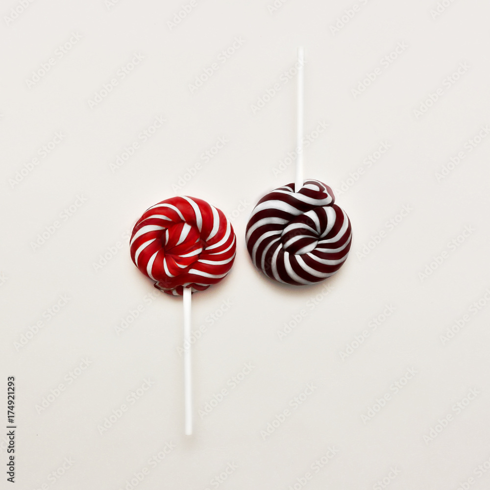 Lollipop Flat lay Minimal concept Two colored Lollipops are lying on ...
