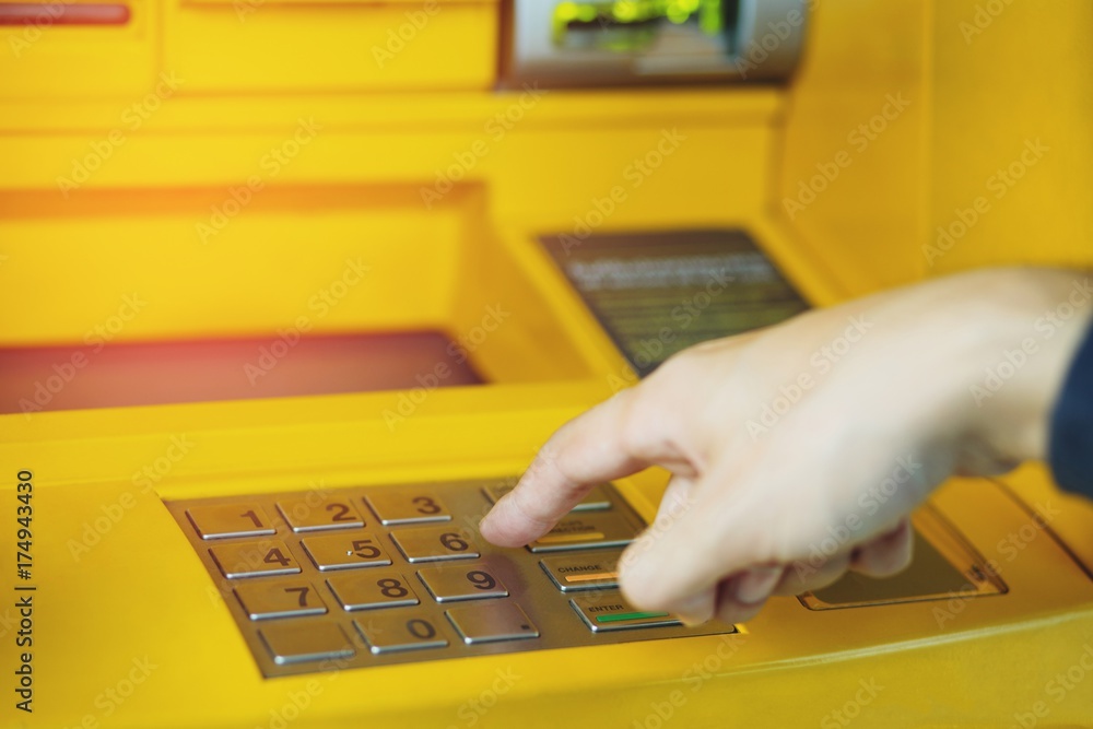Press the money the password. ATM machine Put your hands off protect ...