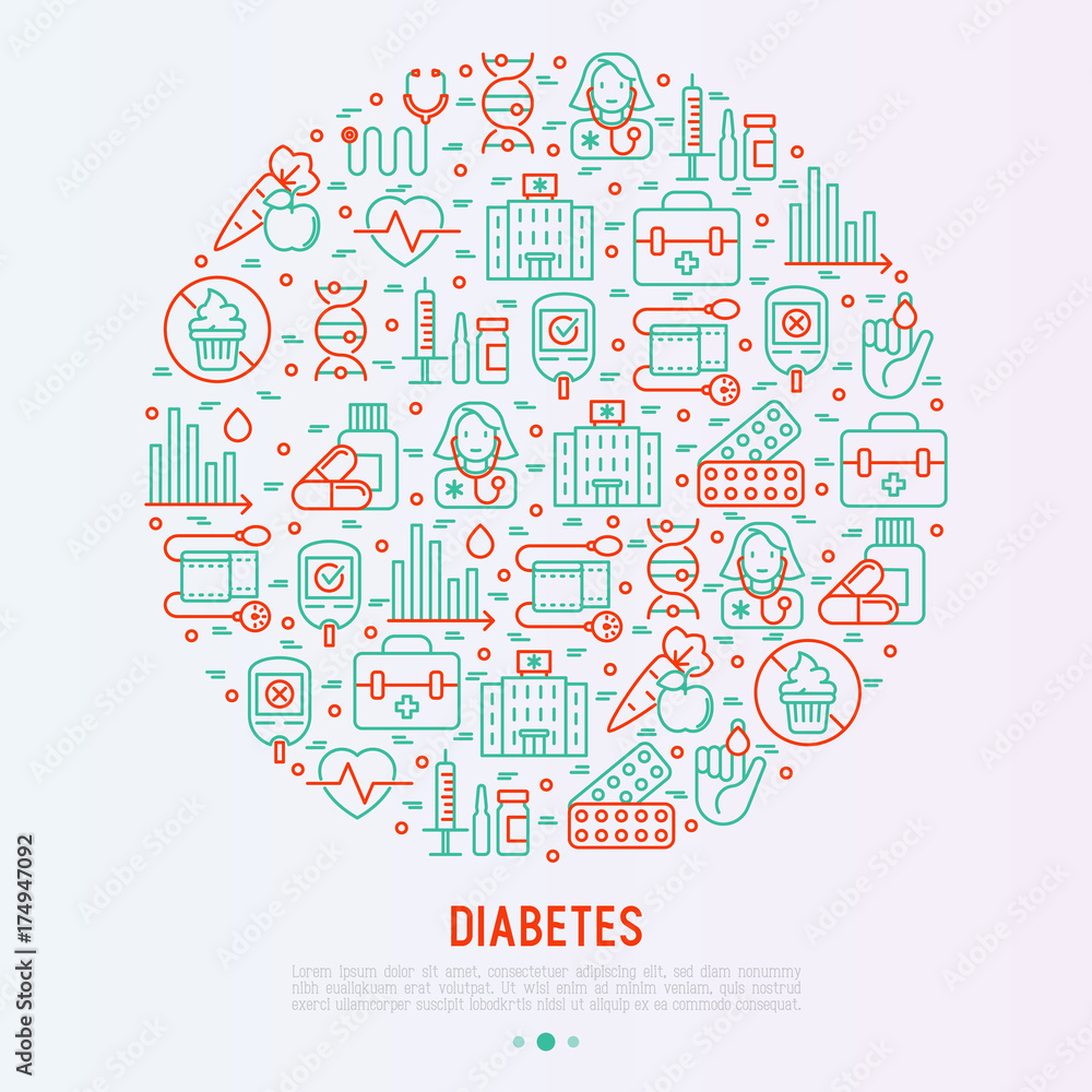 Diabetes concept in circle with thin line icons of symptoms and ...