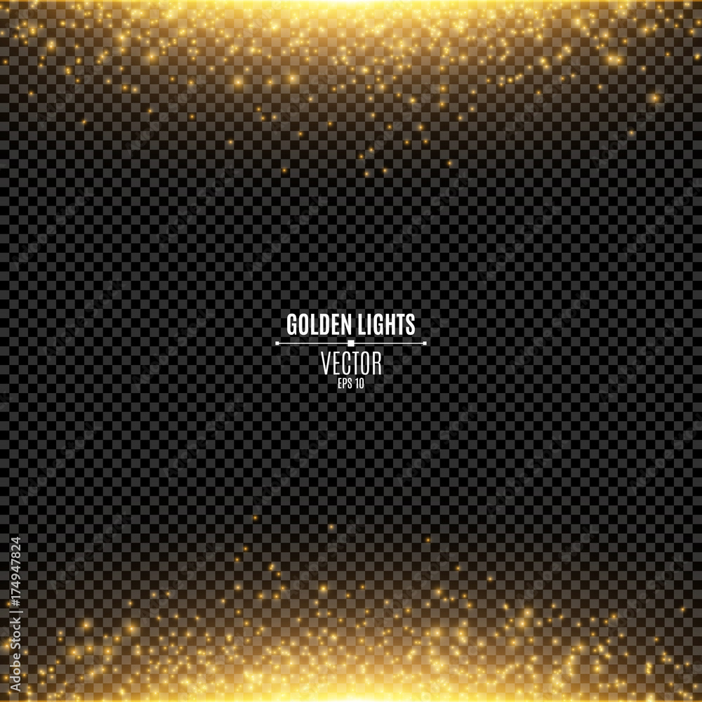 Abstract golden lights fall on a transparent background. Magical gold ...