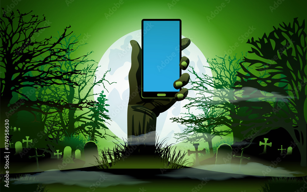 Halloween background. Zombie Hand holding the phone Stock Vector ...