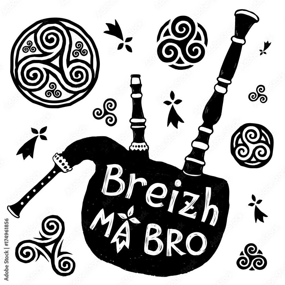 Vector Celtic symbols and biniou breton bigpipe silhouette with sign ...