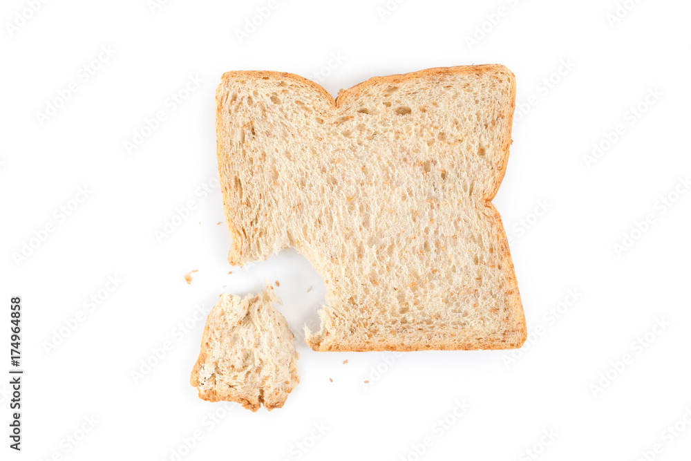 Bitten sliced bread ,isolated white background..A bite taken out of a ...