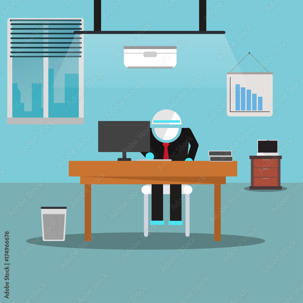 Robot businessman working with computer at office. Robotics AI ...