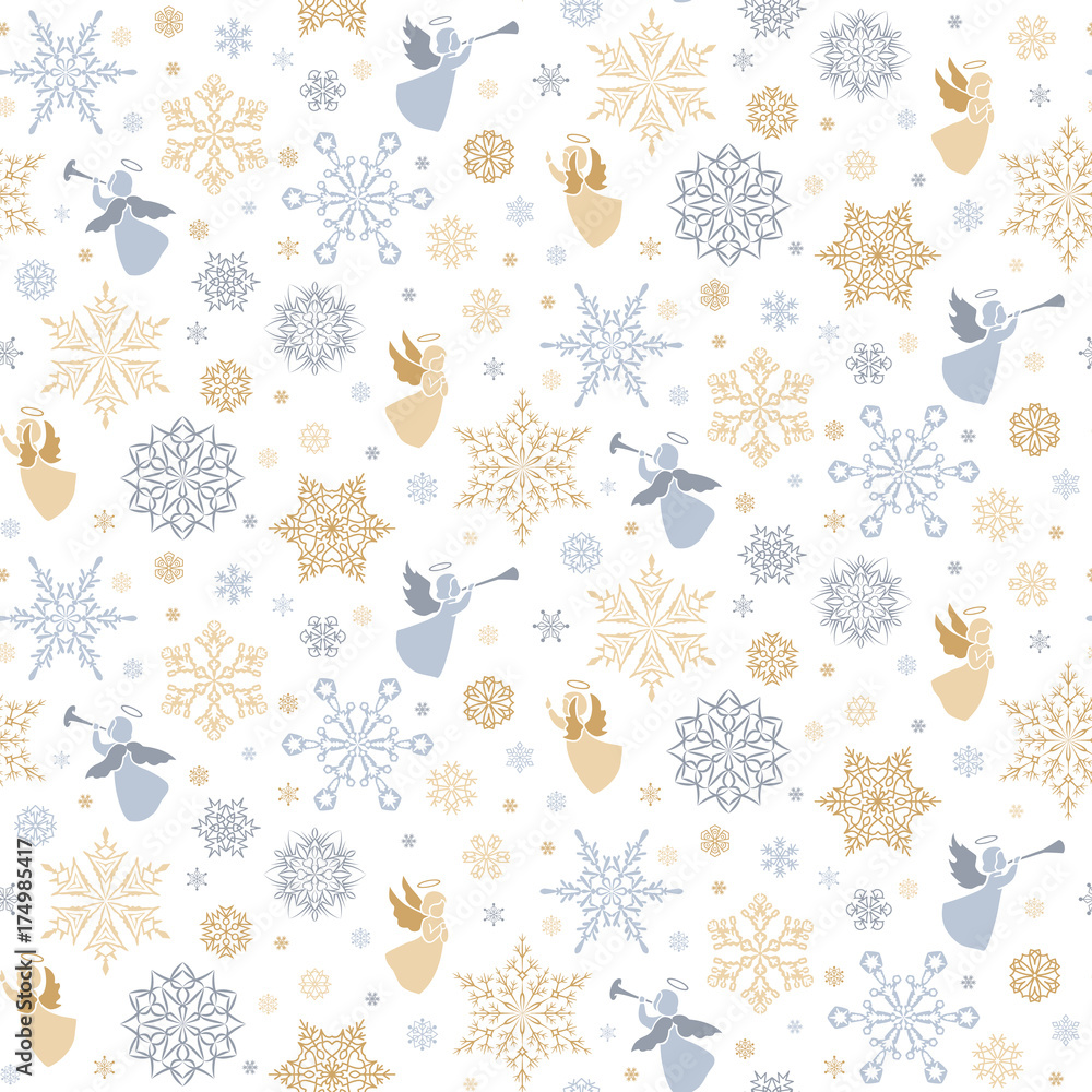 Vector seamless pattern with snowflakes and angels Stock Vector | Adobe ...